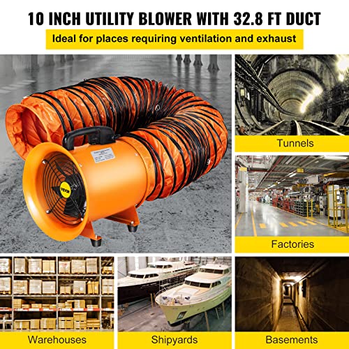 VEVOR Utility Blower Fan 10 inch with 10M Duct Hose,250MM Portable Ventilator,0.45HP 1520 CFM High Velocity Utility Blower,Mighty Mini Low Noise,for Factories Basements Shipyards Farm
