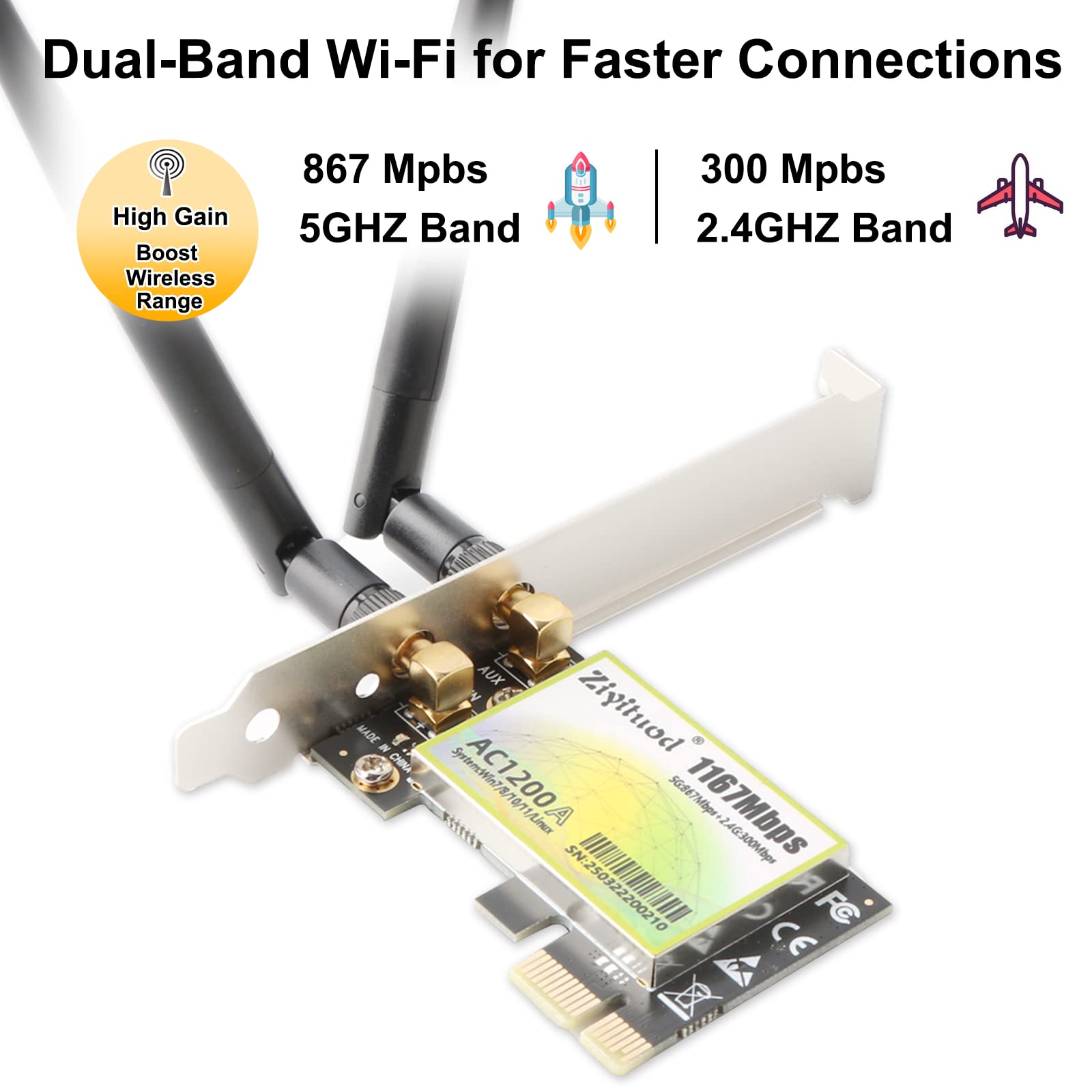 WiFi Card, Ziyituod AC1200A Dual Band Wireless Network Adapter (5G 867Mbps+2.4G 300Mbps), PCIe WiFi Card with MU-MIMO, OFDMA, Ultra-Low Latency, Heat Sink Technology, Supports Windows 11/10/8/7/Linux