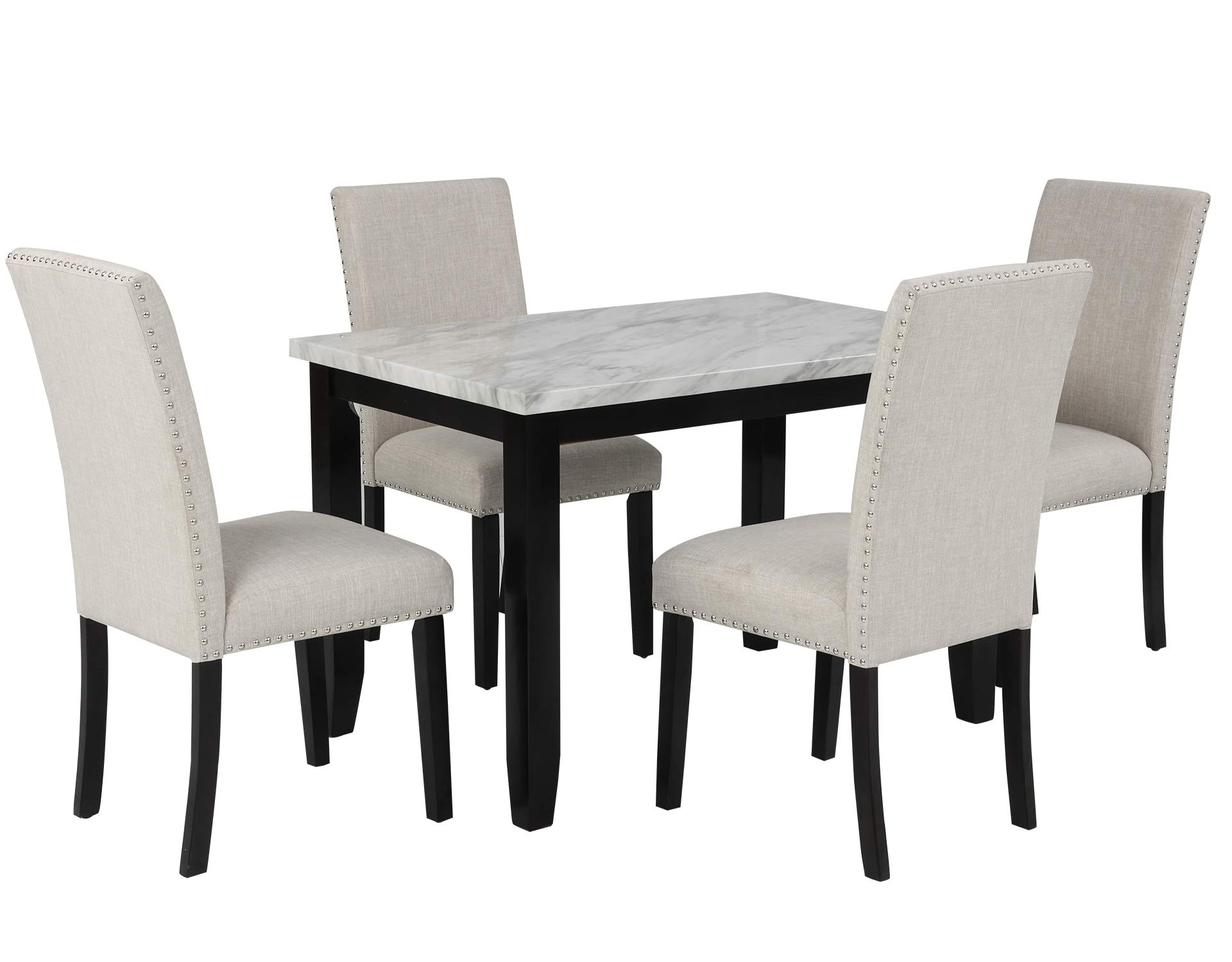 Merax 5 Piece Faux Marble Dining Table Set with 4 Thicken Cushion Chairs for Living Room, White+Beige