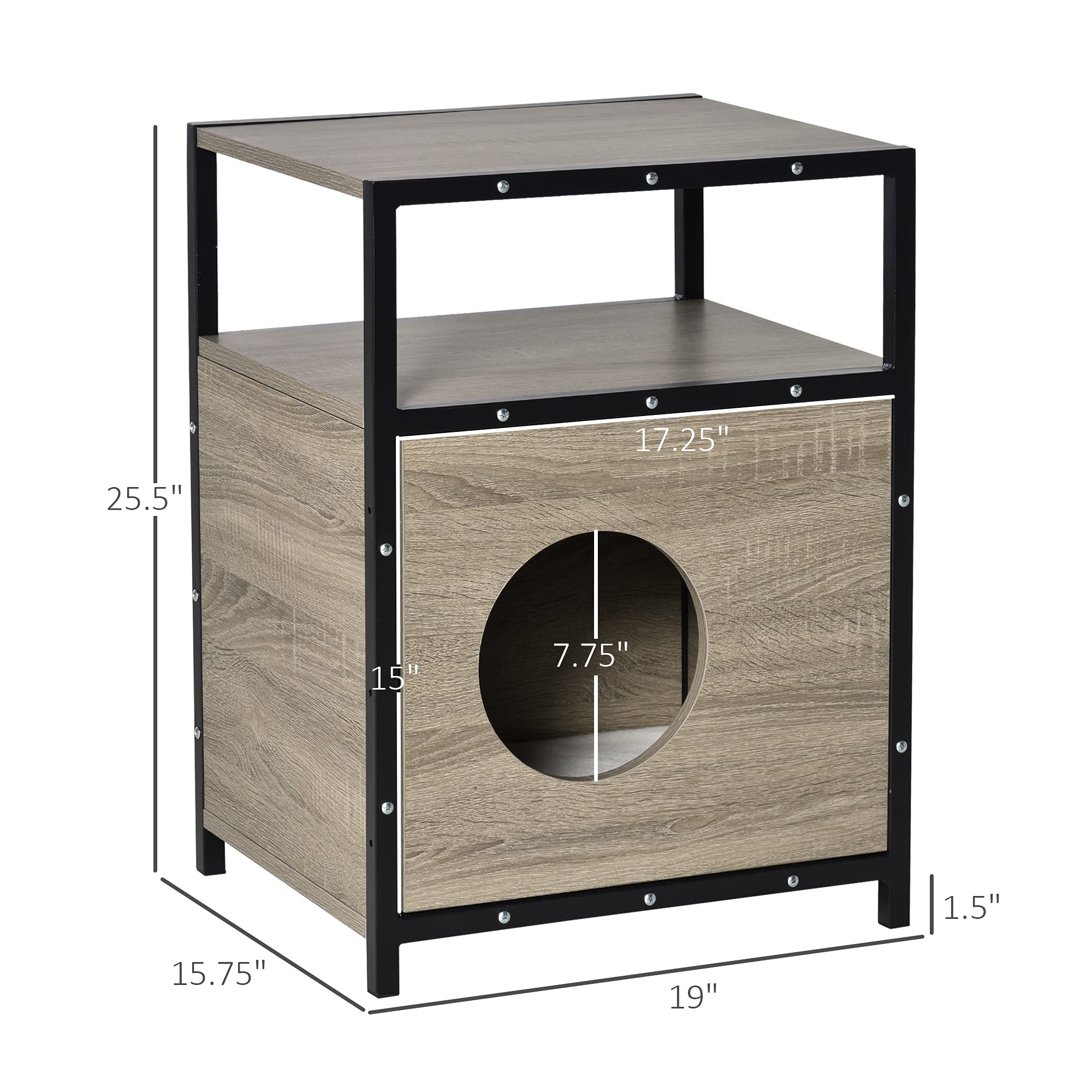 PawHut Wooden Cat House Kitten Condo Shelter Bed w/Soft Cushion Cat Litter Box Enclosure End Table Hideaway Cabinet Storage, Grey