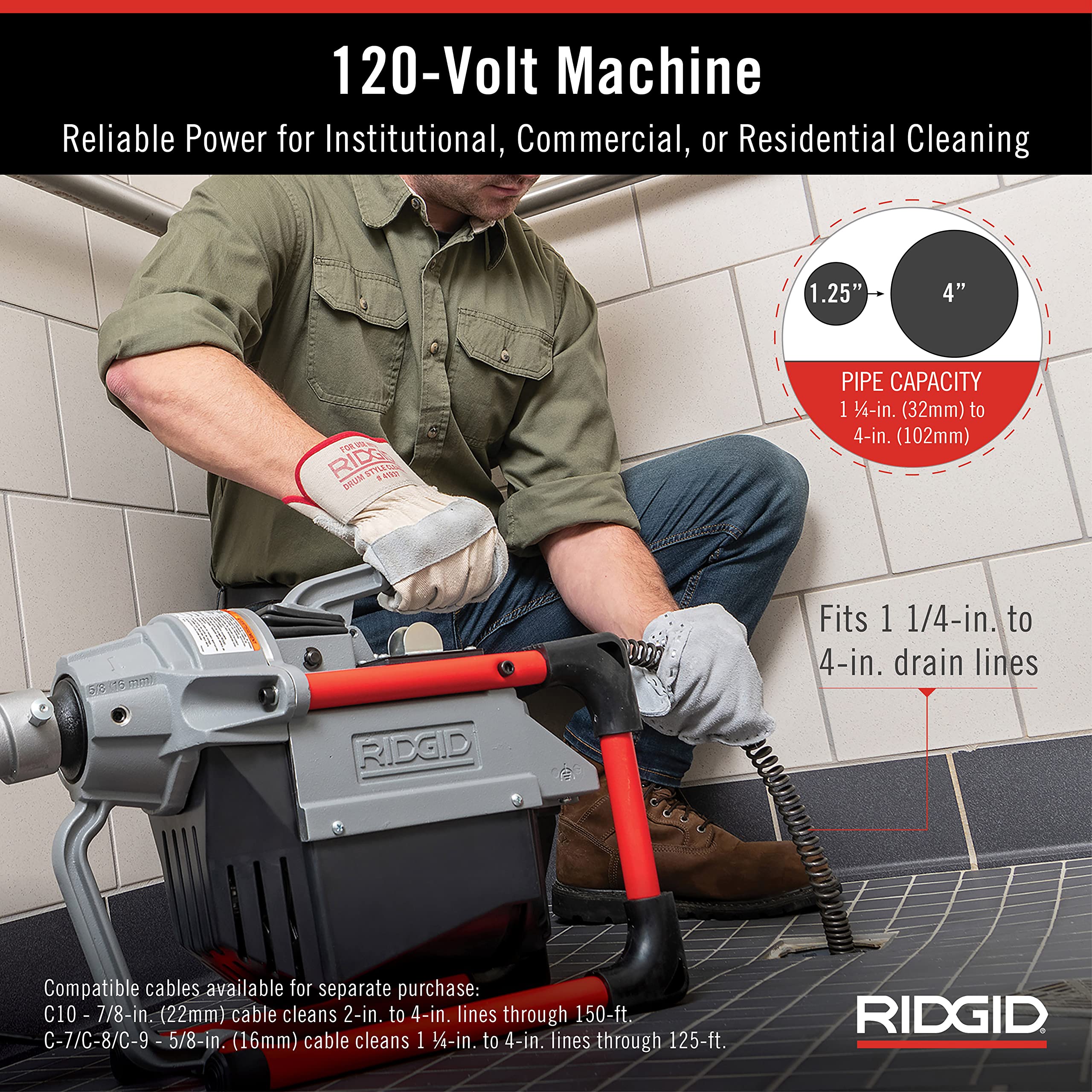 RIDGID 66492 Model K-60SP Compact 120-Volt Sectional Drain Cleaning Machine Kit & 62270 C-8 Sink Sectional Cables, Drain Cleaning Cables, Black
