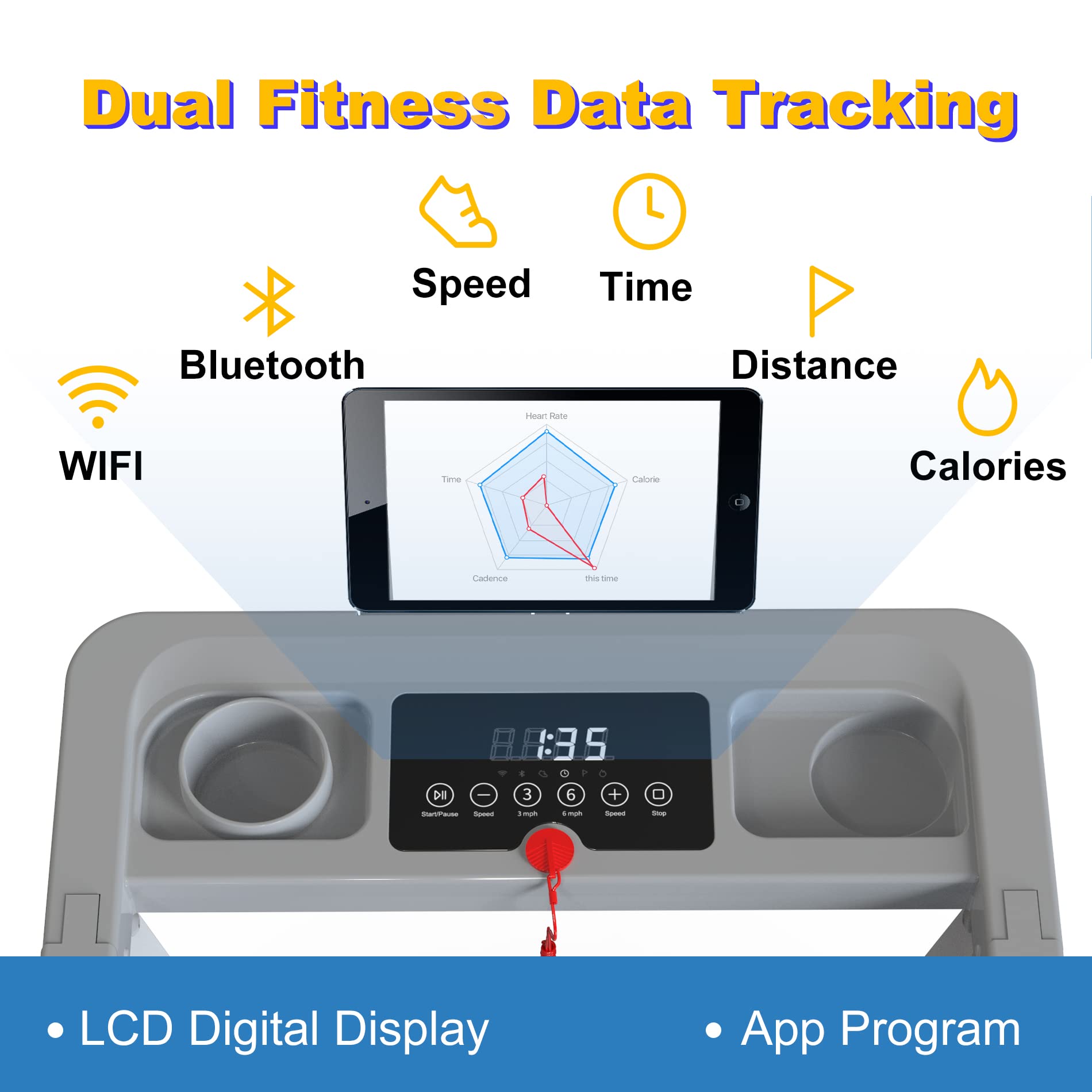 Smart Folding Treadmill with APP Band, Portable Treadmill with 300 lb Capacity, 3 HP Compact Treadmill Foldable (Orange-Gray)