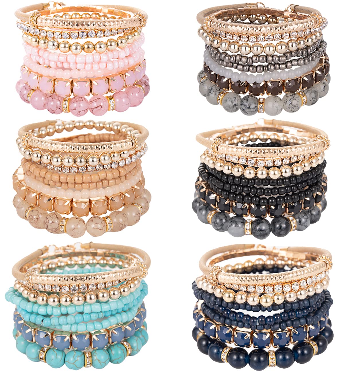 SAMOCO 4-6 Sets Bohemian Stackable Bead Bracelets for Women Multicolor Stretch Beaded Bracelets Layered Bead Adjustable Bracelet Pink Black Turquoise Stretch Bracelets