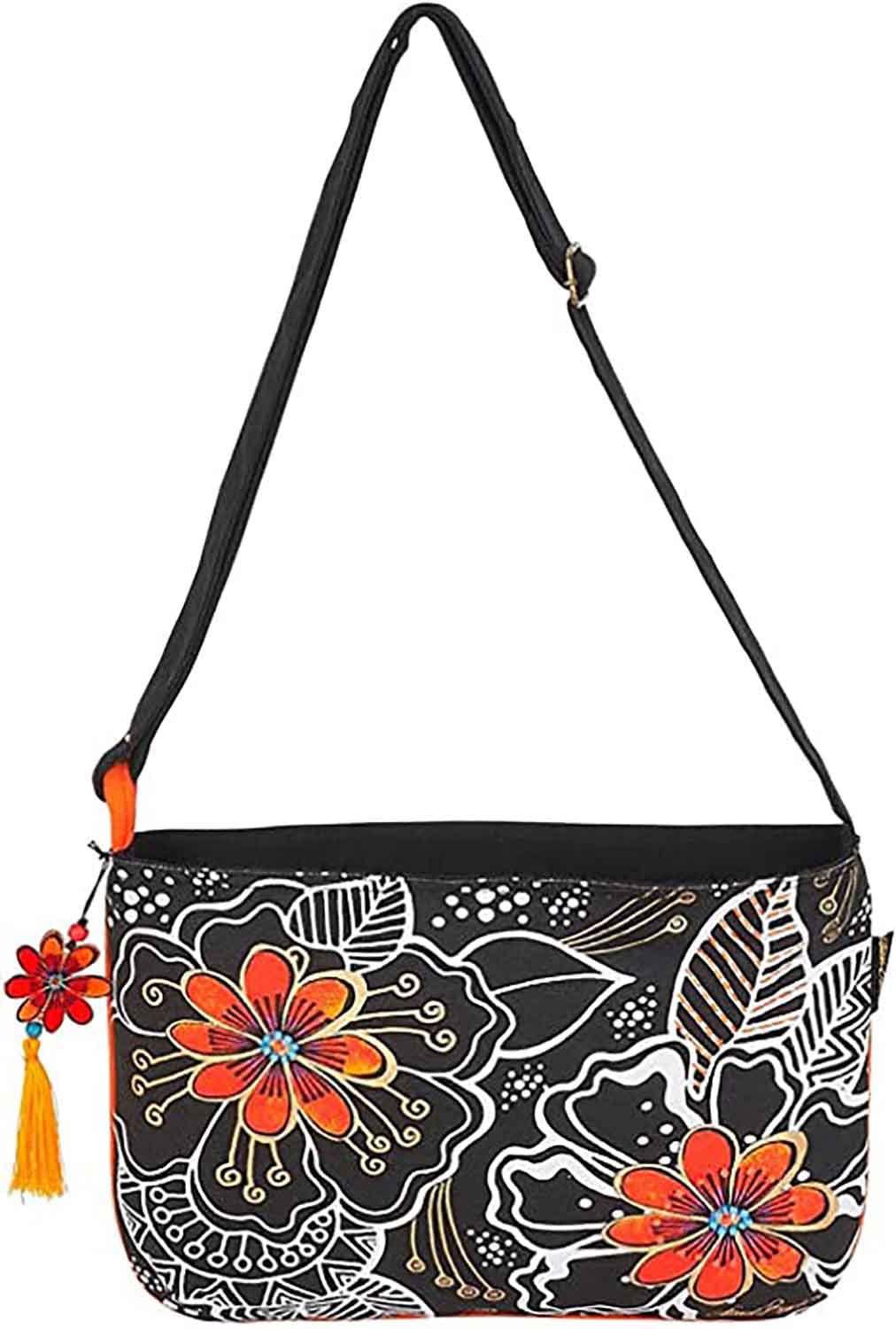 Laurel Burch White on Black Floral Crossbody Tote Handbag Purse