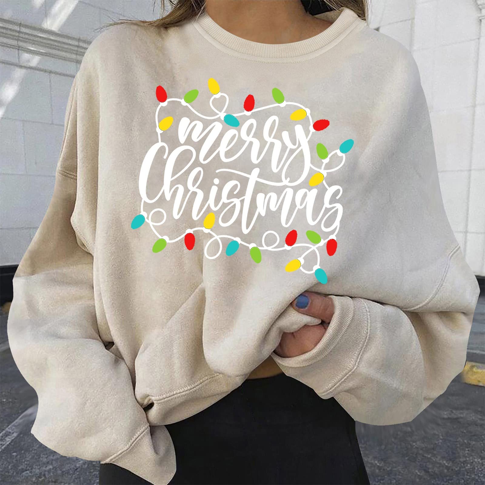 Tops For Women Casual Fall Christmas Print Pullover Long Sleeve Festival Shirts Flowy All-match Pullovers Fall Sweatshirt Beige