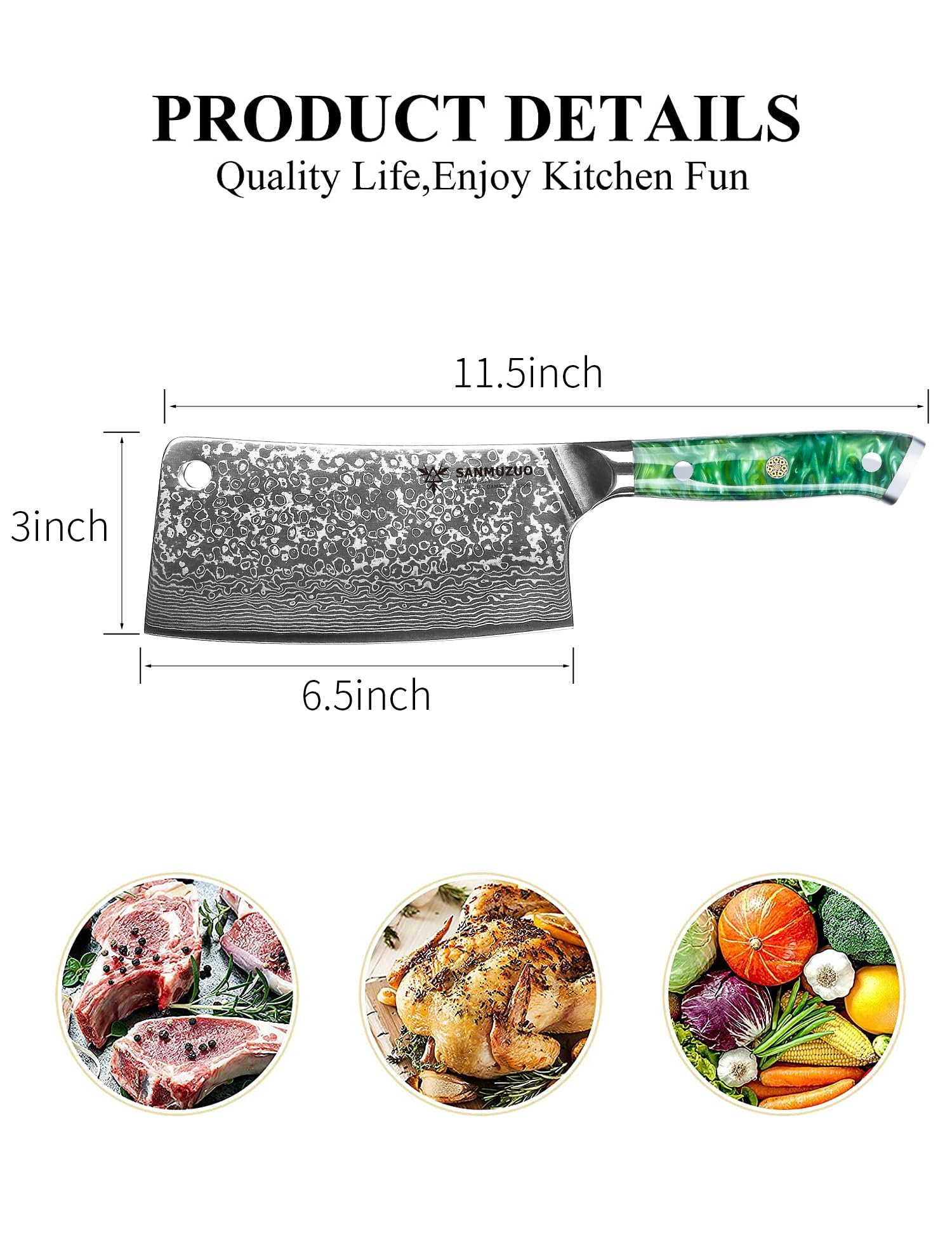 SANMUZUO Chopping Knife - 7 inch Cleaver Knife- Xuan Series - VG10 Damascus Steel Kitchen Knife - Resin Handle (Jade Green)