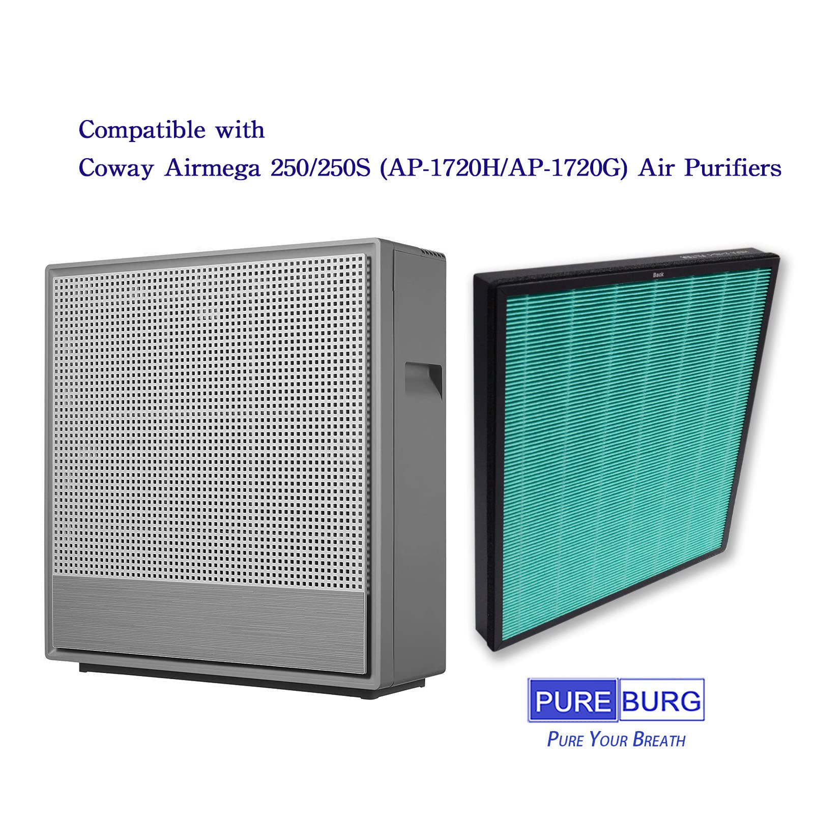 PUREBURG 1-Pack Replacement 2-IN-1 MAX2 High-efficiency HEPA Filter Compatible with Coway Airmega Air Purifiers, 250/250S (AP-1720H/AP-1720G), AP-1720-FP