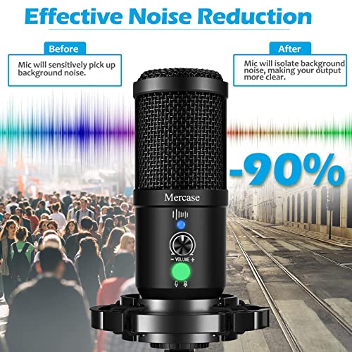 Mercase USB Condenser Microphone, 192KHZ/24Bit Mic kit Plug & Play with Mute Button,Real-time Monitoring, Noise Canceling,Microphone with Adjustment Arm Stand