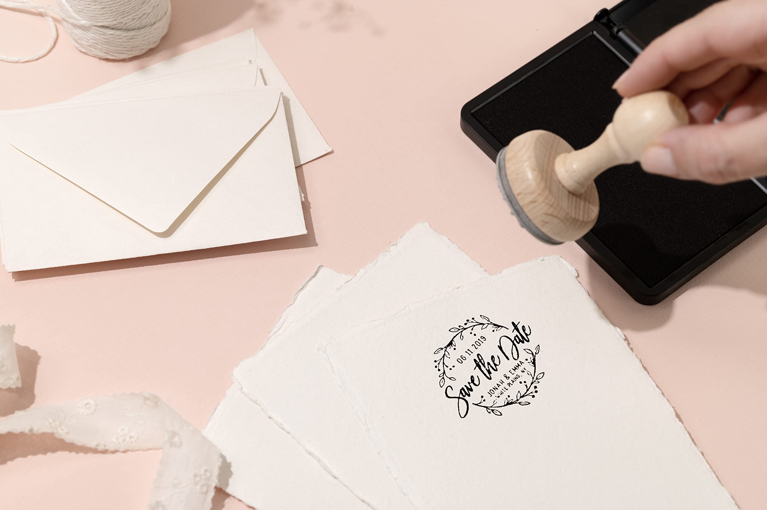 Stamp by Me | Custom Wedding Stamp | Wedding Stamp | Personalized Stamp | 12 Exclusive Designs | Wooden Stamp | Ideal for Envelopes and Wedding Invitations | Names and Date | Circular Flower Wreath
