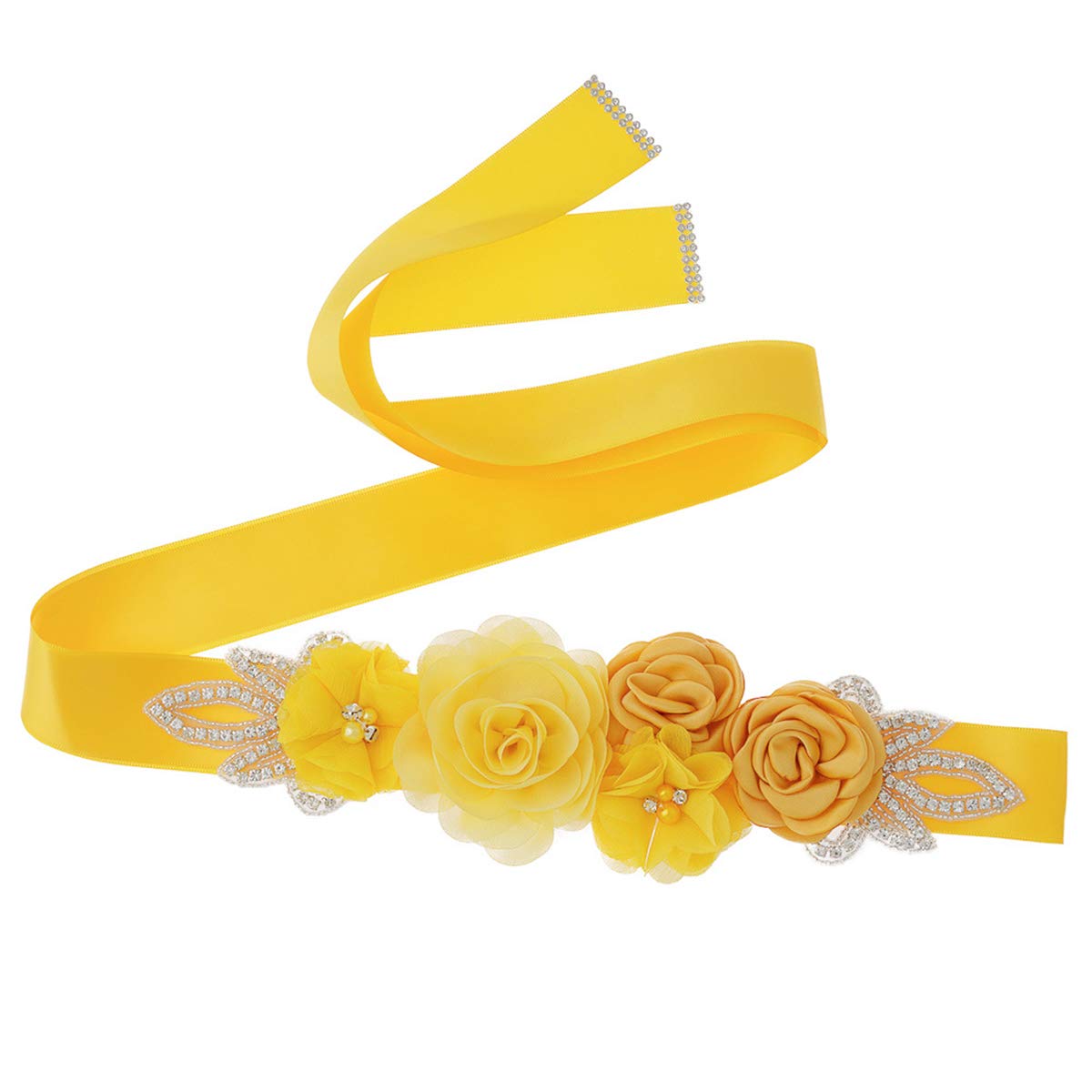 Lauthen.S Sash Belt with Flowers Pearls Rhinestone for Wedding Bride/Baby Shower Dress (One Size, Yellow)