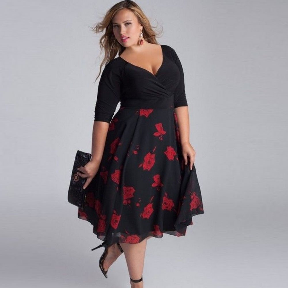 Plus Size V-Neck Dress for Women Floral Printing Mesh Swing Dress Patchwork Half Sleeve Tank Top Dress Red