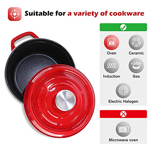 Puricon 4.9 QT Non-Stick Enameled Cast Iron Dutch Oven with Lid, 4.9 Quart Round Enamel Cast Iron Skillet with Loop Handles -Red