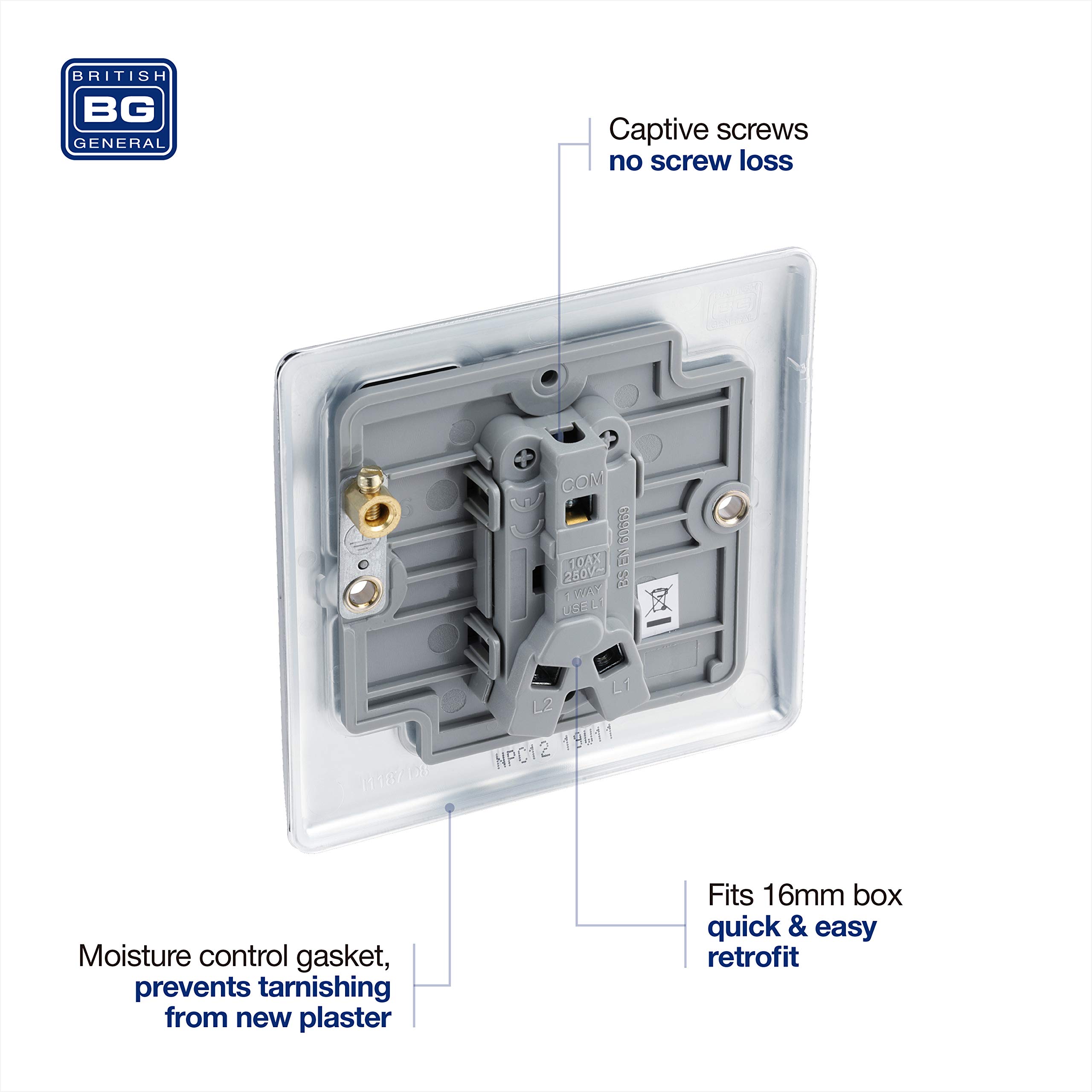 masterplug BG Electrical NPC12 Nexus Metal Polished Chrome 1 Gang 2 Way 10 A Plate Switch
