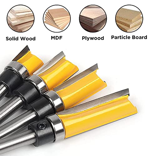 TOOLDO Pattern Flush Trim Bit 4 Pcs Router Bits，Top Bearing Flush Trim Bits Set，1/4 Inch Shank ,Cutting Length 1/2", 3/4", 1", 1-1/2"