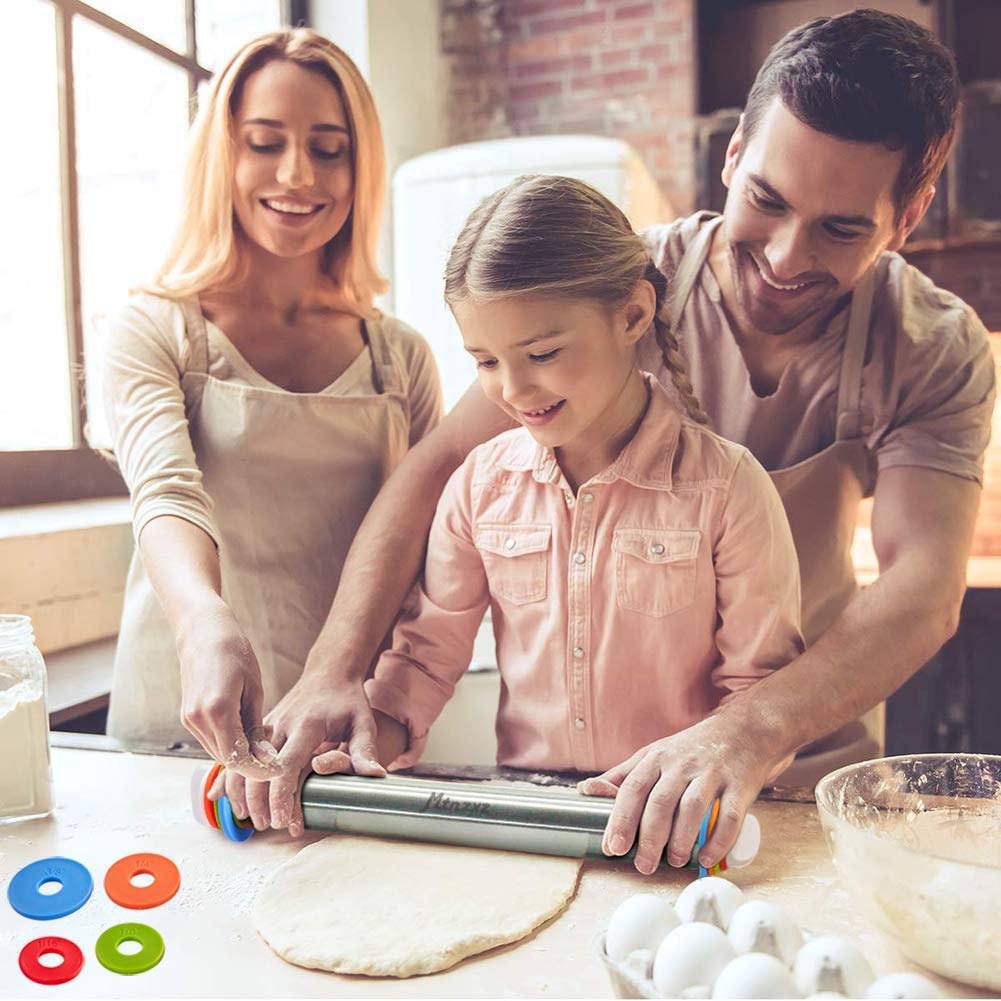 Rolling Pin, Silicone Baking Pastry Mat, Smooth Stainless Steel Roller, 4 Removable Adjustable Thickness Non Stick Rings Rolling Pins for Baking Dough, Pizza, Pie, Pastries, Pasta, Cookies, 2 Pcs