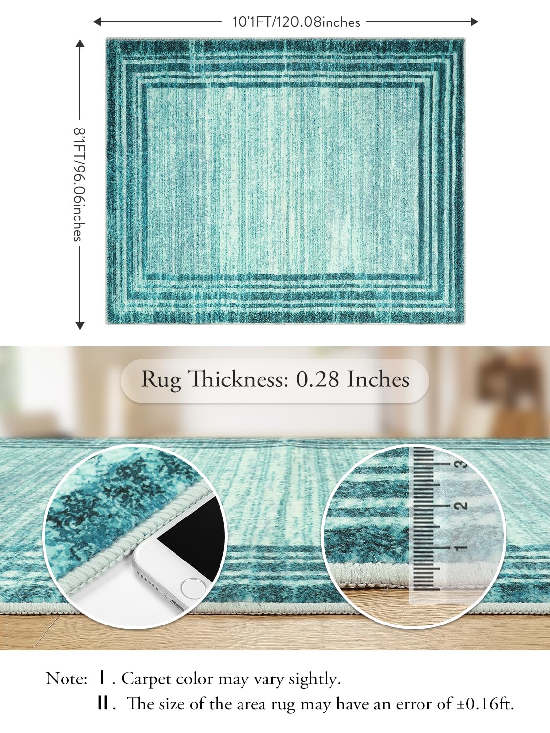 Lahome Abstract Teal Bedroom Rug 8x10,Washable Modern 8x10 Area Rugs for Living Room Non-Slip,Low-Pile Soft Dining Room Carpet Minimalist Bordered Rug Indoor Large