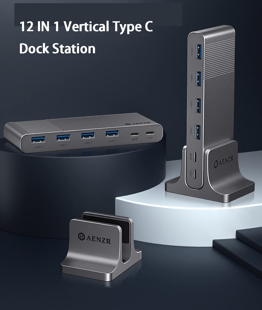 Vertical USB C Hub,USB C Laptop Docking Station,12 in 1 Type C Adapter Compatible for MacBook and Windows(HDMI DP PD USB 3.1/3.0 SD TF Card Reader )