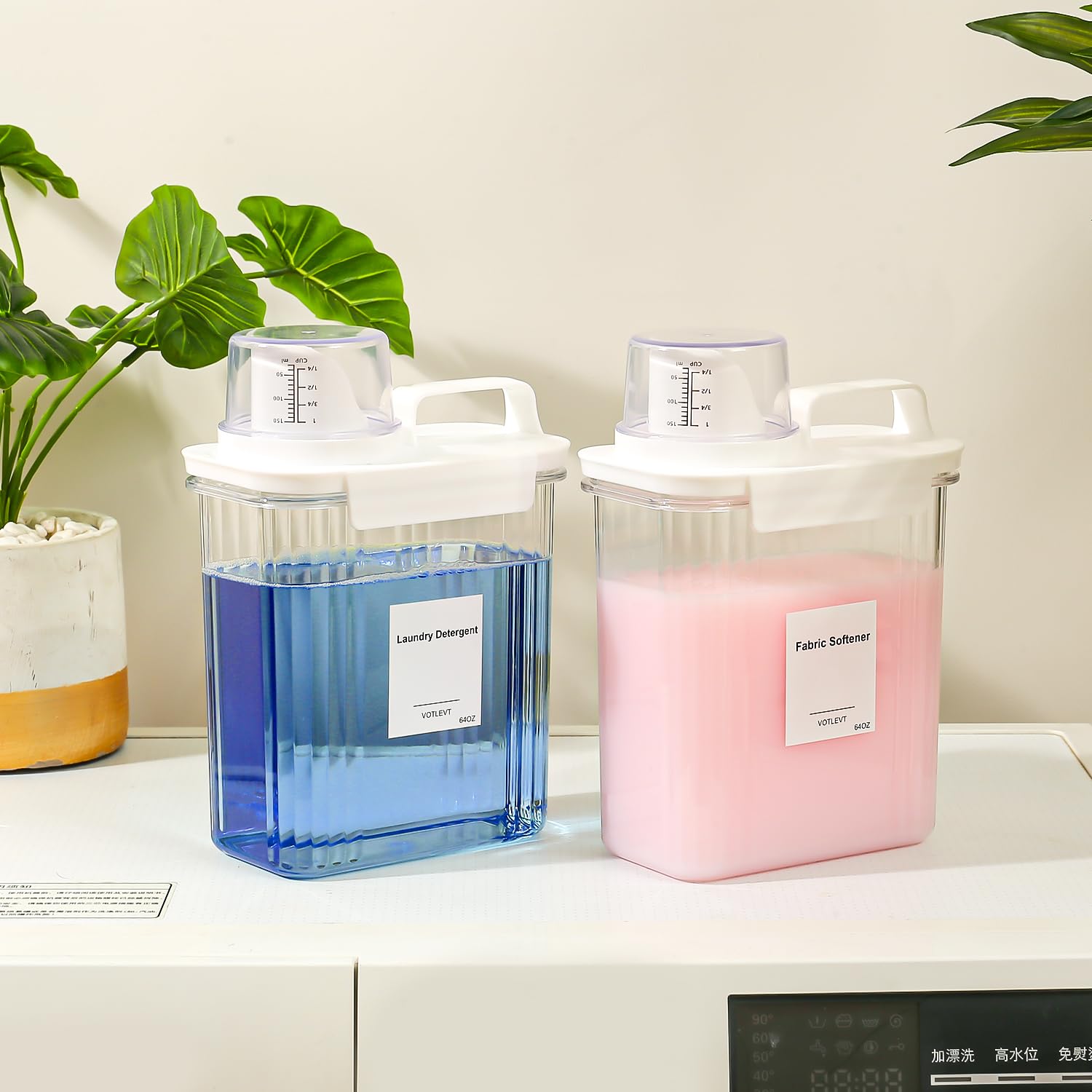 VOTLEVT 64OZ Liquid Laundry Detergent Dispenser, Laundry Soap Dispenser, Clear Plastic Fabric Softener Holder and Container, Laundry Room Organization and Storage, 2 Pack