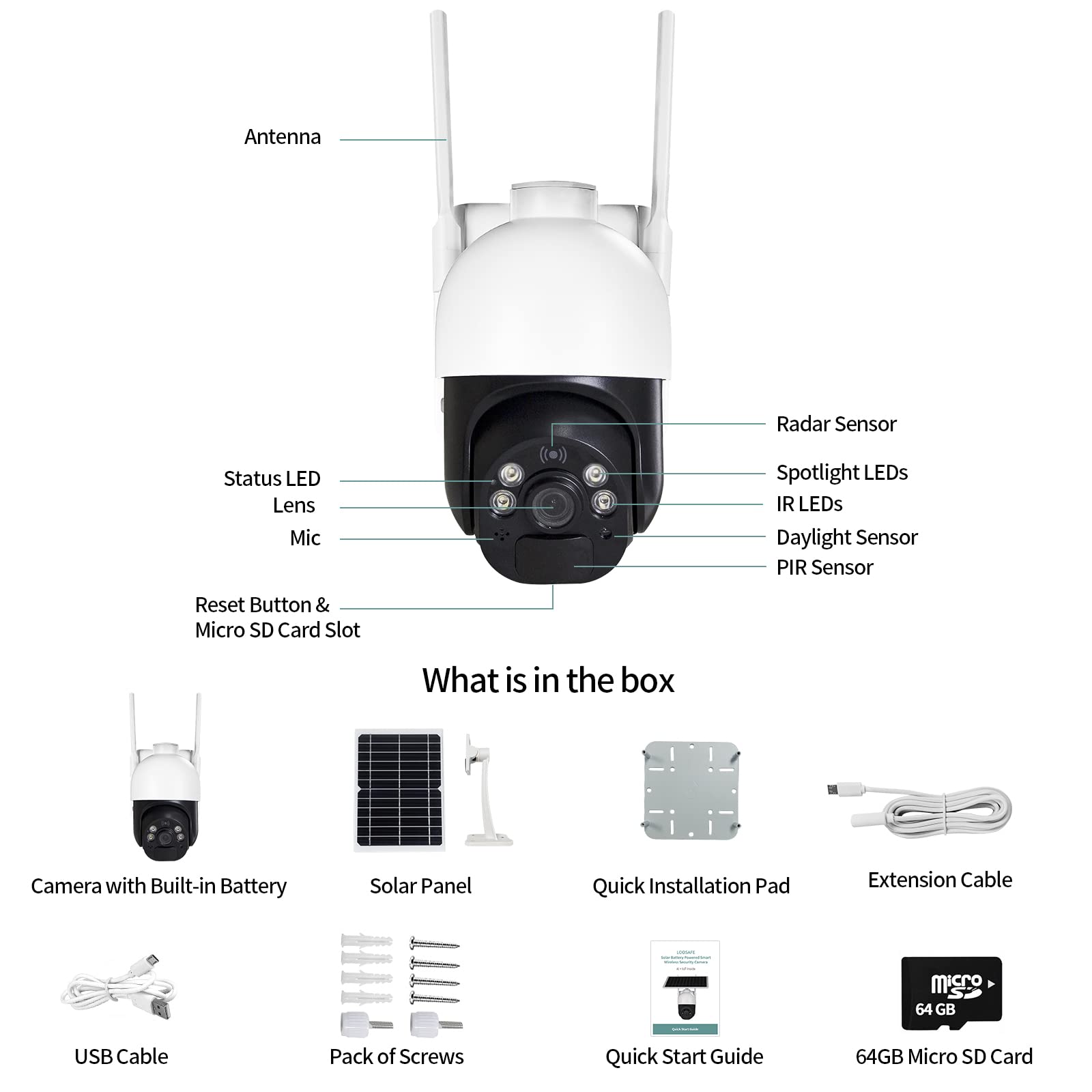 WiFi Wireless Outdoor Security Camera Solar Powered, 1080P Spotlight Color Night Vision, Motion Detection, Two-Way Audio, Cloud/Local Storage with 64GB TF Card, Support Google Home