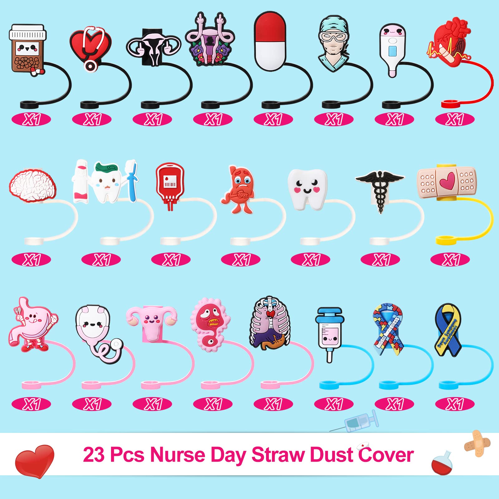Straw Covers Silicone Kawaii Straw Cover Nurse Theme Straw Caps Reusable Drinking Dust Proof Straw Tip Covers for 6-8 mm (Stylish, 23 Pcs)