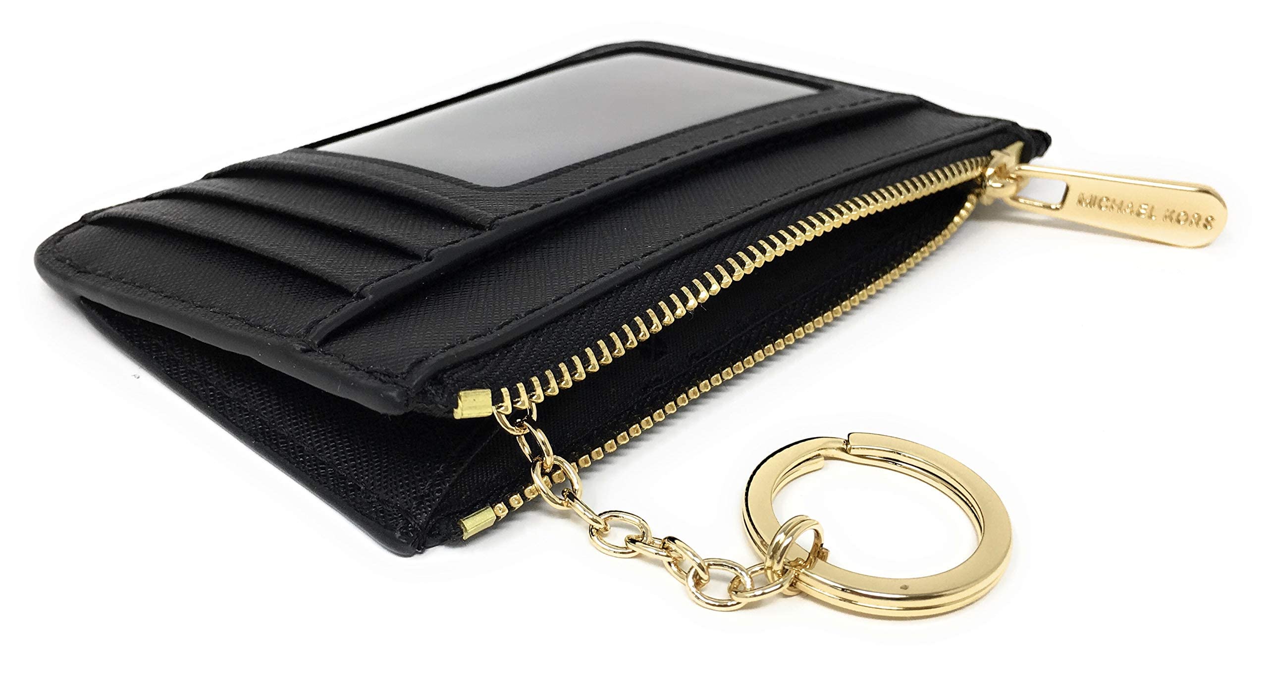 Michael Kors Jet Set Travel Small Top Zip Coin Pouch with ID Holder in Saffiano Leather (Black with Gold Hardware)
