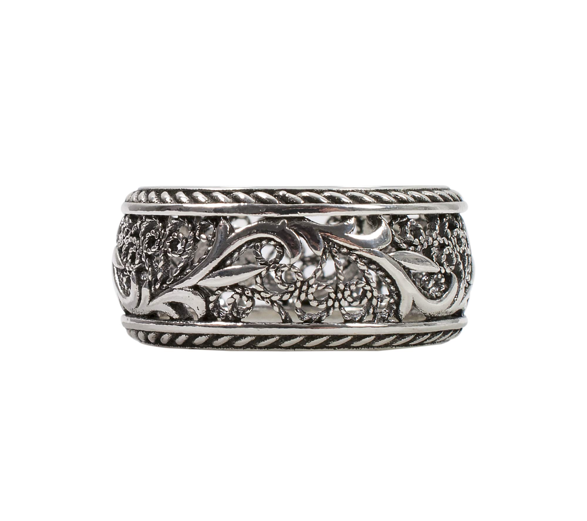 Ottoman Silver Collection 925 Sterling Silver Gold Accented Oxidized Eternal Paisley Figured White Statement Unisex Band Ring for You and Your Precious (Size 5-12) (oxidized-Silver, 11)