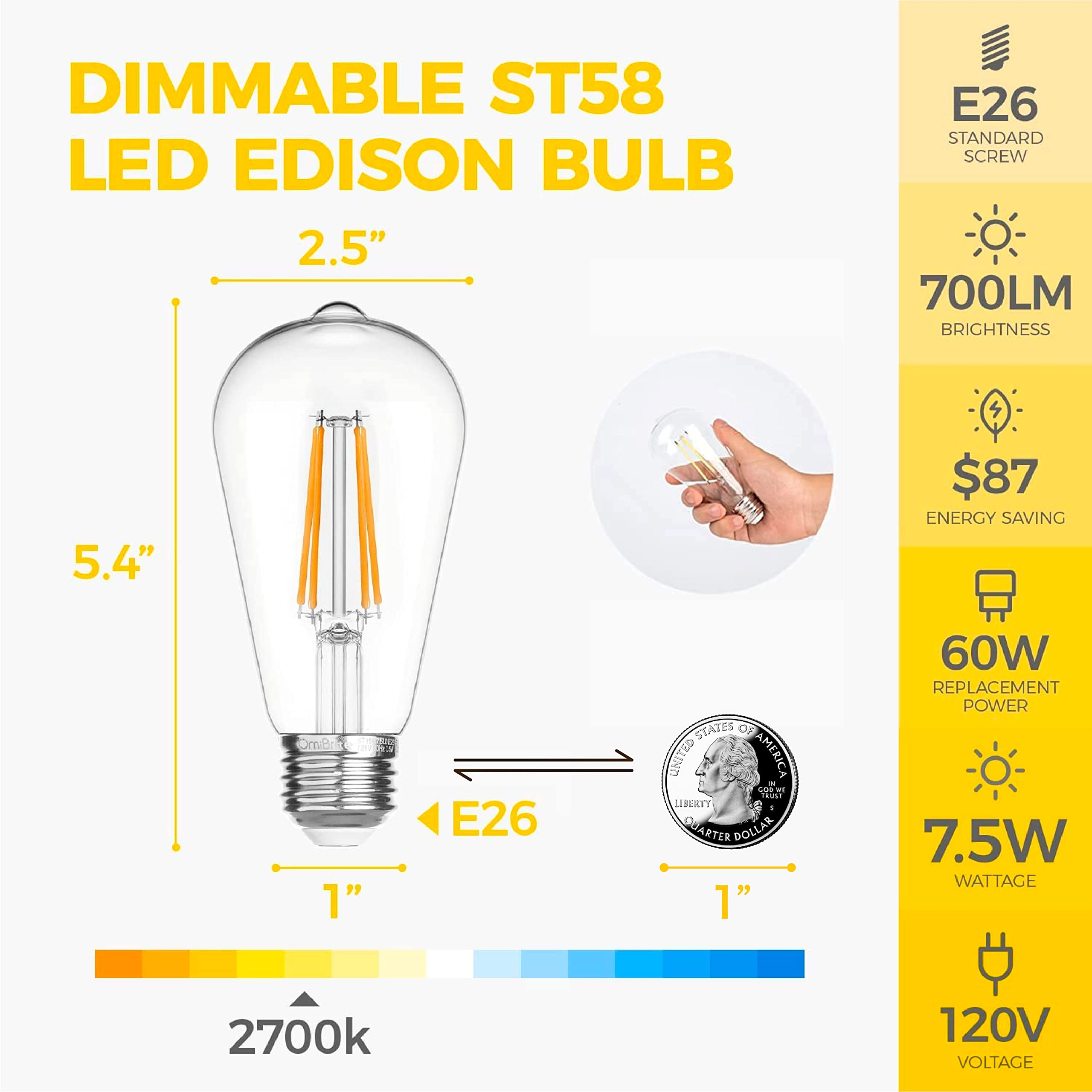OmiBrite Dimmable Led Light Bulb, Vintage Edison Light Bulbs 60W Equivalent, Bright Daylight 2700K Incandescent Daylight Bulbs, CRI 90 Eye Protection, E26/E27 Base, ST64 (6 Pack)