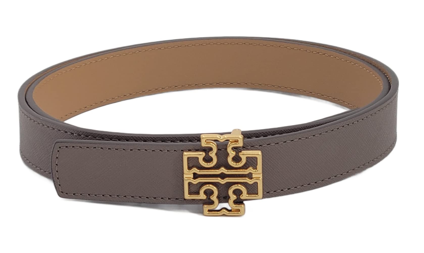 Tory Burch 141739 Britten Logo Clam Shell Grey/Tiramisu Light Brown With Gold Hardware Reversible 1 Inch Women's Belt (Medium)