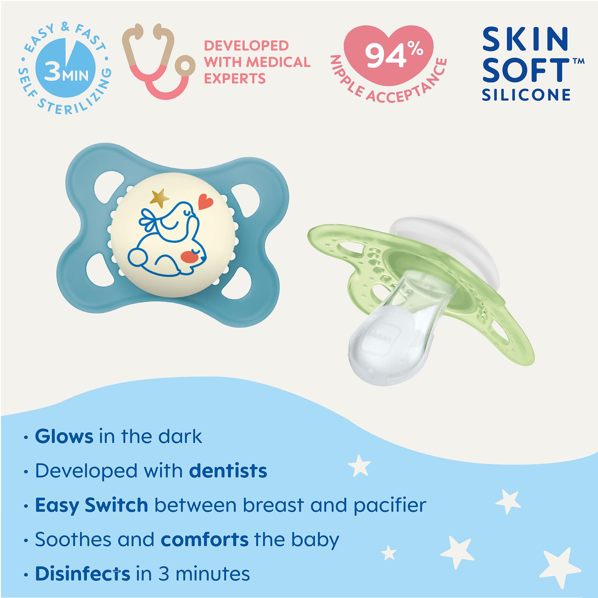 MAM Night Pacifiers 0-6 Months, Best for Breastfed Babies, Glow in the Dark, Baby Boy, 2 Count