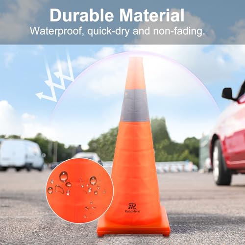 RoadHero 28 Inch [2 Pack] Collapsible Traffic Safety Cones, Multi Purpose Pop-up Cones with Reflective Collar for Road Safety, Orange Cones with LED Light for Driving Training, Parking Lots