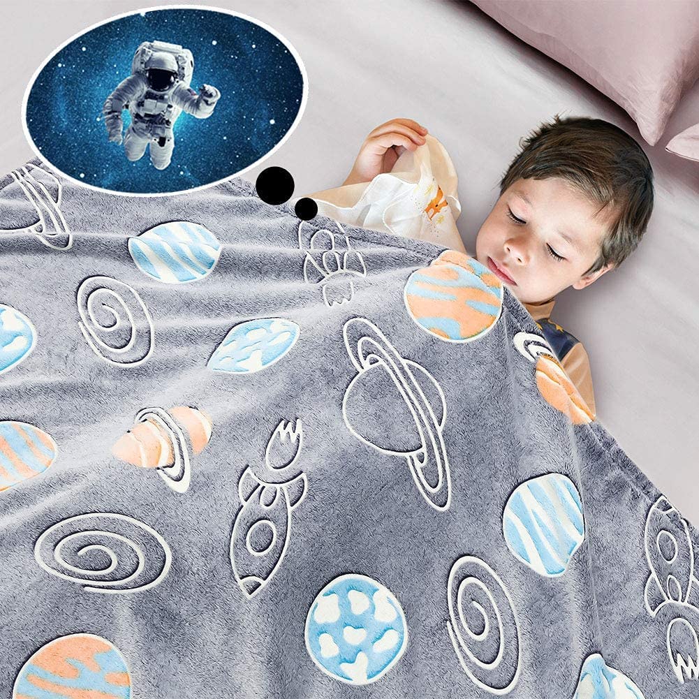 MeMoreCool Space Planet Glow in The Dark Throw Blanket - Soft Flannel Blanket for Kids and Adults, Decorative Luminous Throw for Bed Sofa Couch Car, Birthday, 50x60 Inches