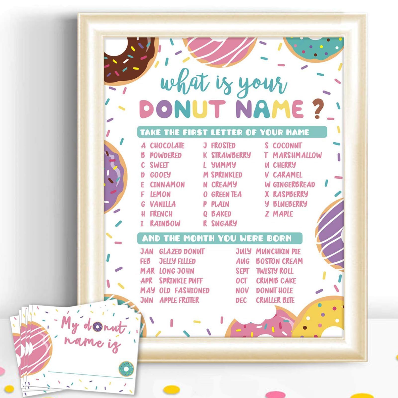 Levfla What's Your Donut Name Game Girls Sprinkles Birthday Party Sign Kids Doughnut Hole Activity Stickers Tags Photo Props Ideas Decoration Supplies
