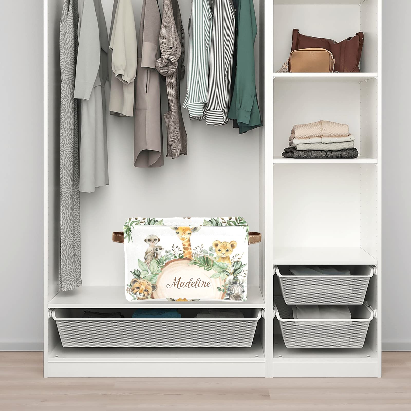 Wild Jungle Animals Personalized Storage Bins Basket Cubic Organizer with Durable Handle for Shelves Wardrobe Nursery Toy 1 Pack