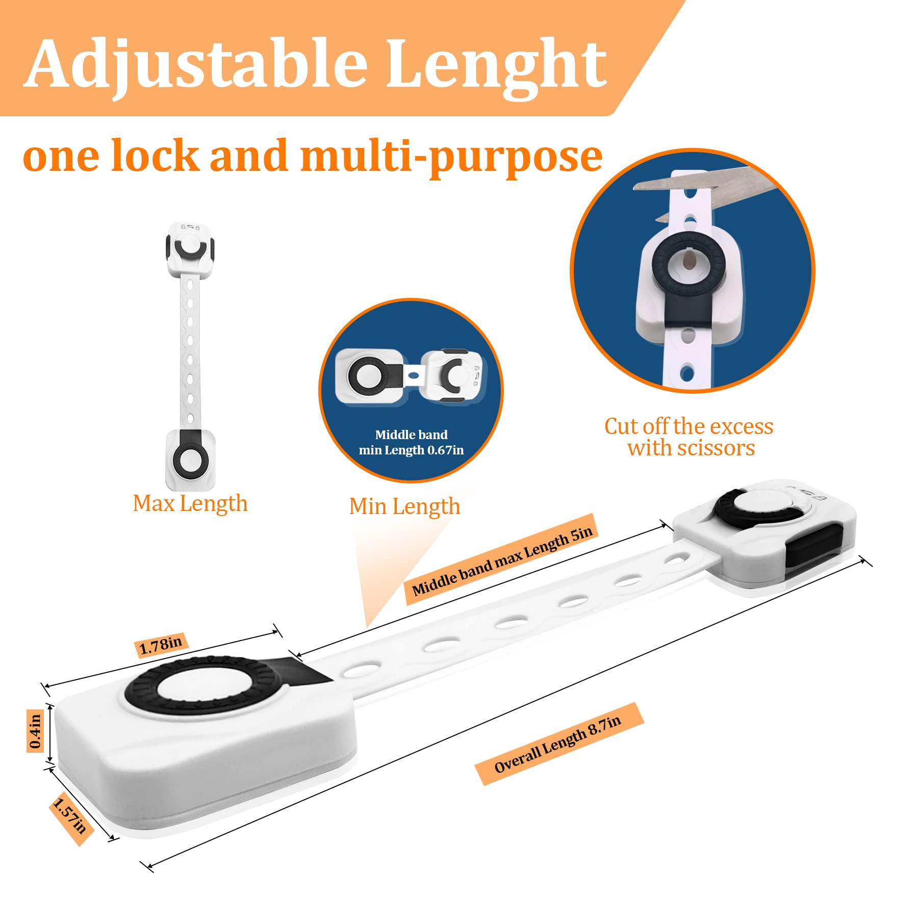 VIUISDFMIN 6 Pack Baby Locks Child Safety Strap Locks Safe Quick and Easy 3M Adhesives No Drilling Adjustable Flexible Strap Baby Proofing Cabinet Locks for Cabinets and Drawers, Toilet, Fridge