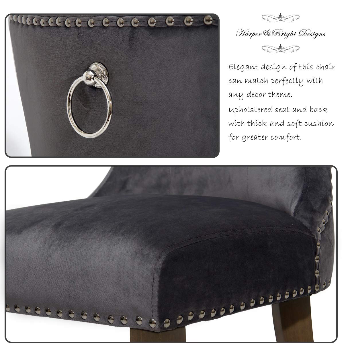 Lepfun Dining Set of 4, Upholstered Accent Button Tufted Armless Chair with Nailhead Trim and Back Ring Pull (Grey)