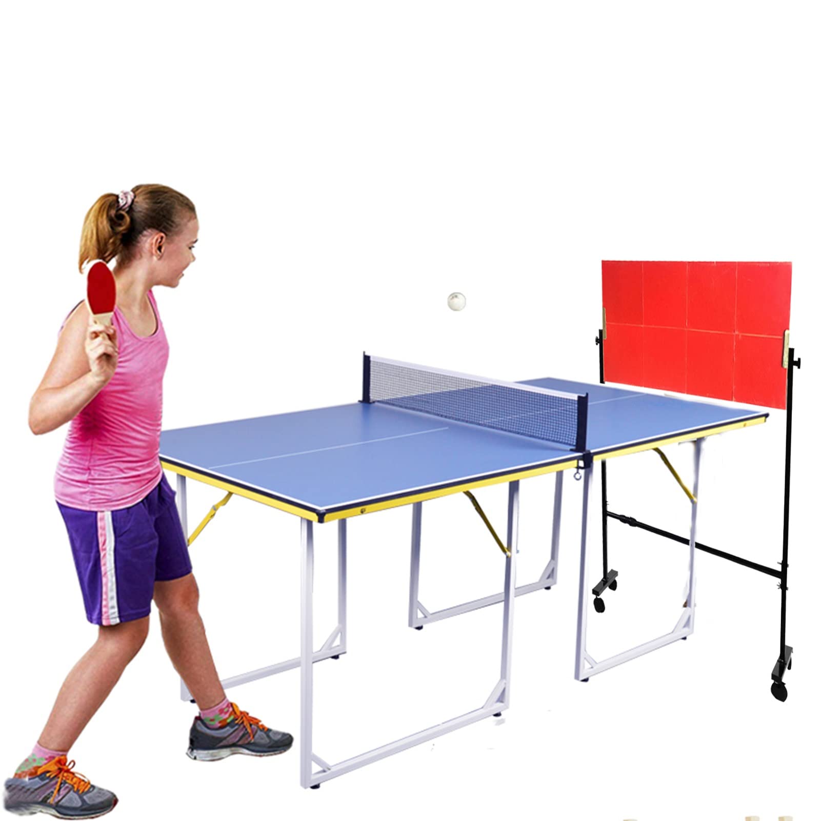 Table Tennis Rebound Board with 8 Red Rubbers, Movable Universal Wheels, Angle Adjustable Professional Ping-Pong Return Board for Indoor Ping-Pong Club and Outdoor Court
