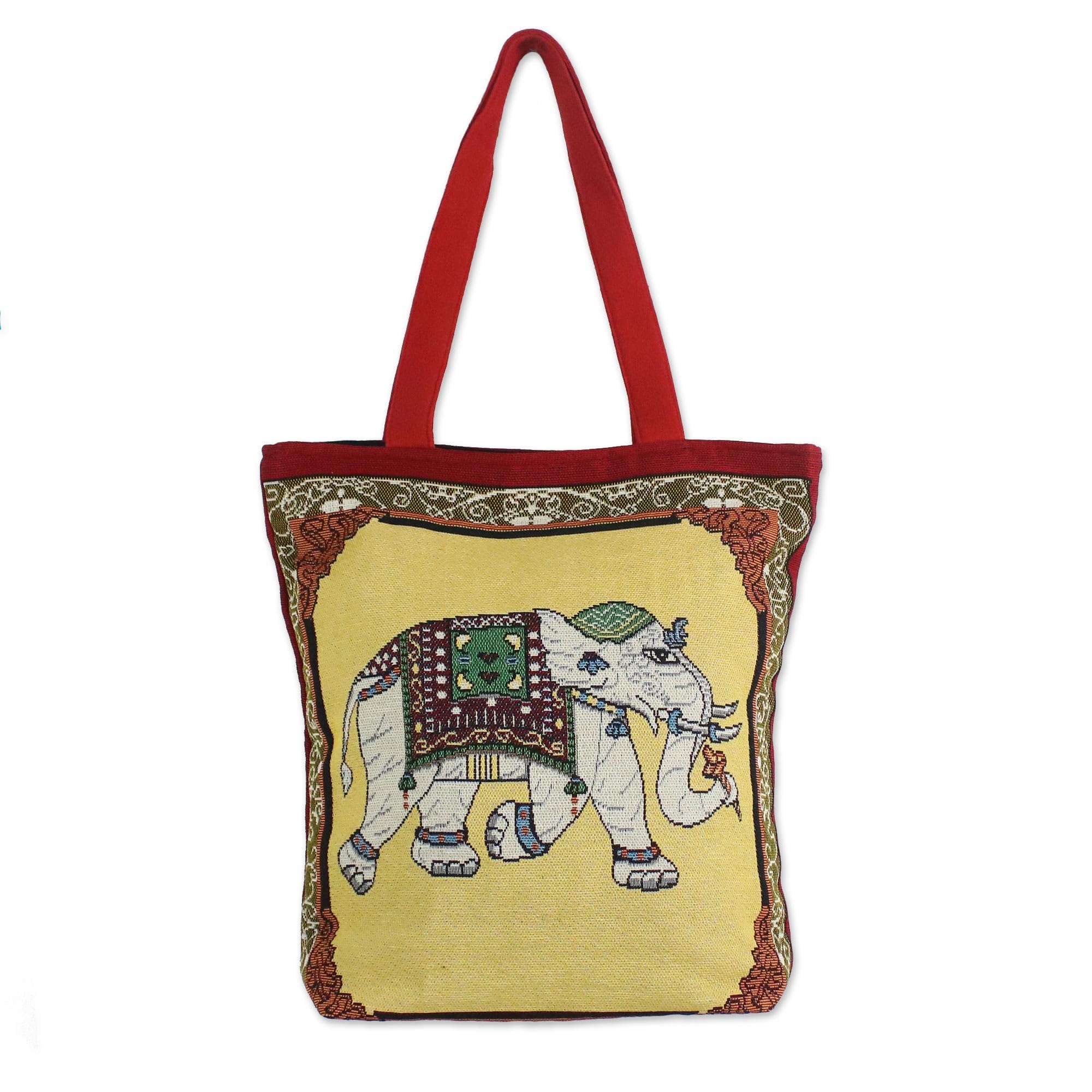 NOVICA Artisan Hand Embroidered Cotton Shoulder Bag Summer Thai Elephant Handbag Multicolor Yellow Thailand Animal Themed 'Summer Elephant'