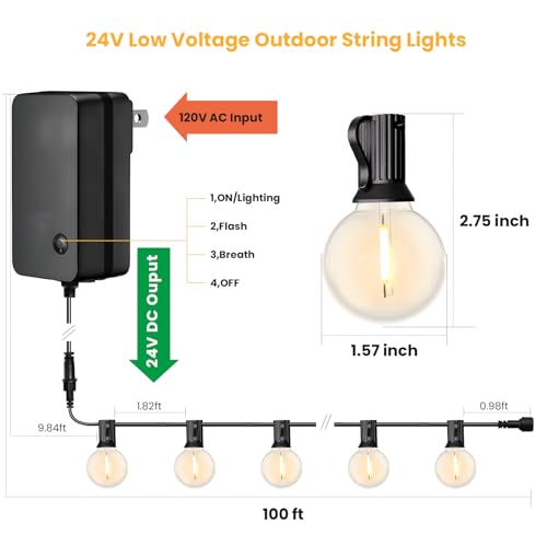 Yuusei Outdoor String Light with Remote, 100FT Outdoor Lights for Patio with 50+2 Shatterproof G40 Edison Bulbs, IP45 Waterproof String Lights for Backyard,Bistro,Cafe,Market 2500K Warm White