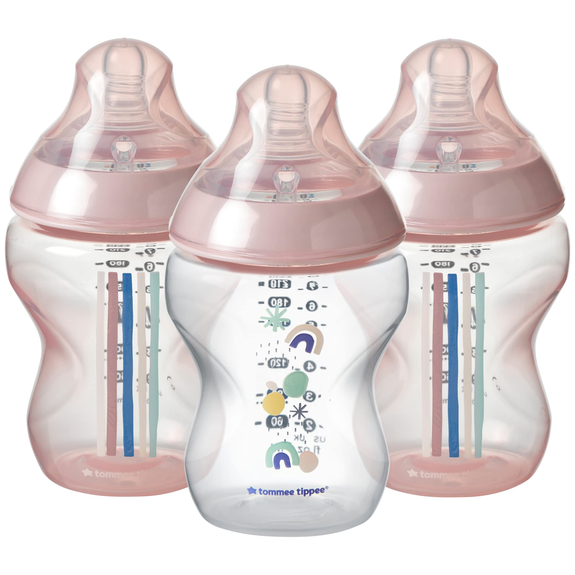 Tommee Tippee Closer to Nature Baby Bottles, Breast-Like Nipple with Anti-Colic Valve, 9oz, 3-Count, Pink