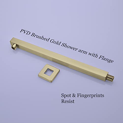 Square Shower Arm with Flange in Brushed Brass 16 Inch Wall Mounted Rainfall Shower Head Extension Arm, Stainless Steel, Brushed Gold