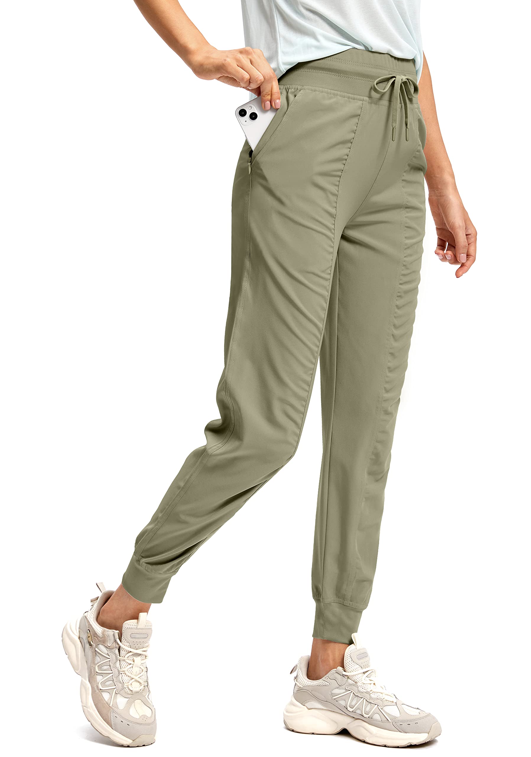 SANTINY Women's Lightweight Joggers High Waisted Running Hiking Track Pants Workout Athletic Jogger for Women Zipper Pockets (Grey Sage_S)