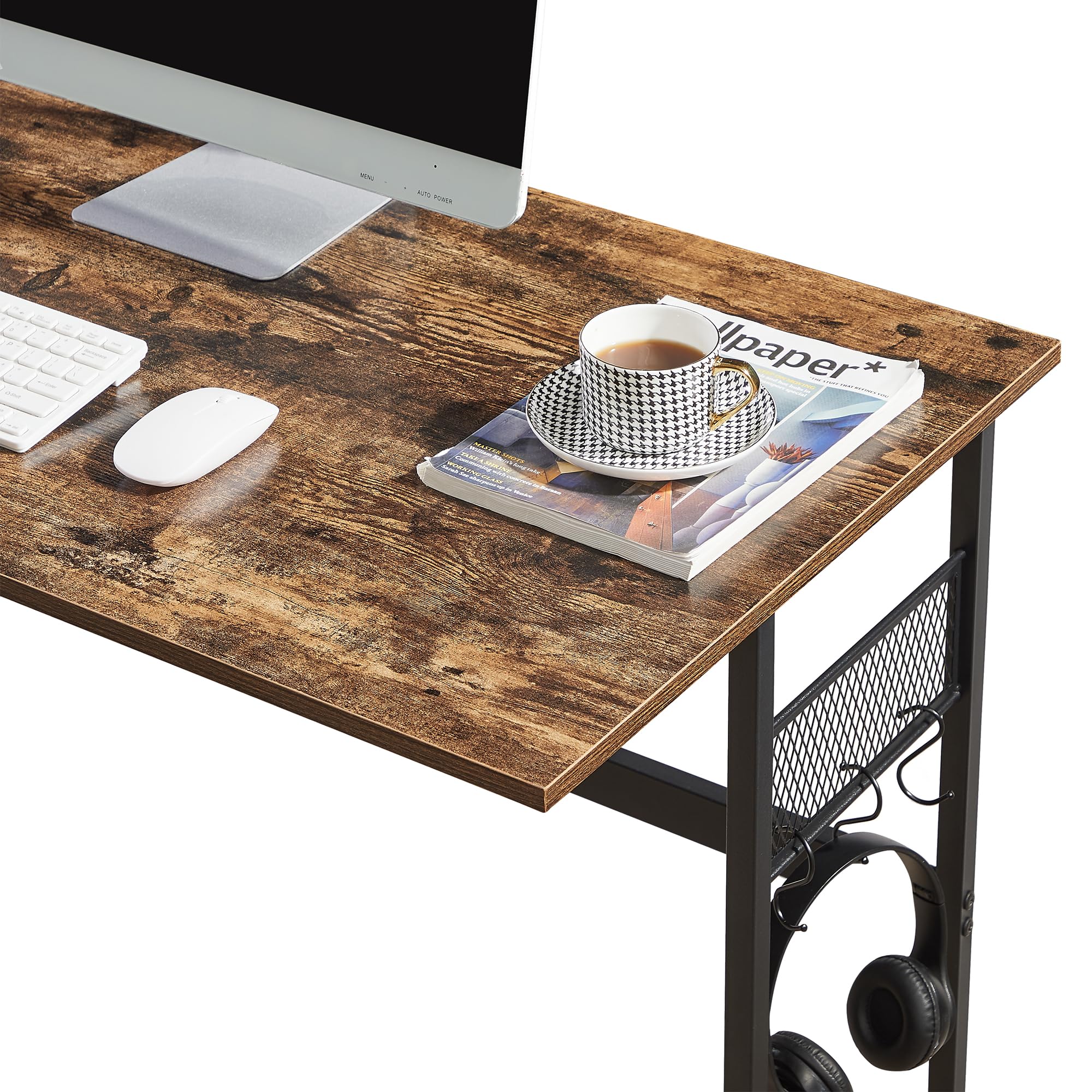VECELO 32 Inch Small Computer Sturdy Laptop Industrial Desk Office Work, Modern Simple Study Table with Headphone Hook, Adjustable Feet and Water Proof Surface, 44", Brown