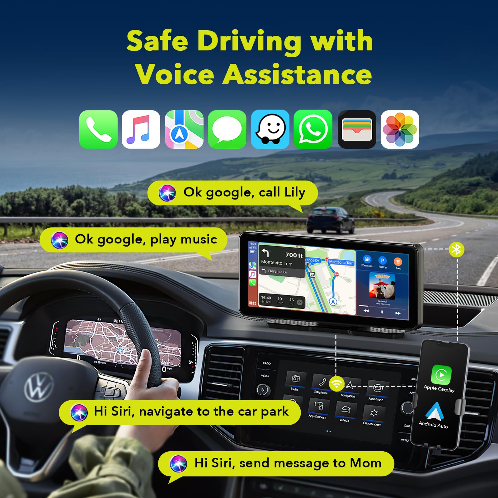 LAMTTO Wireless Apple Carplay Car Stereo Portable 6.86" Touch Screen Car Play and Android Auto 1080p Backup Camera Drive Mate GPS Navigation with Mirror Link/Siri/FM/Bluetooth