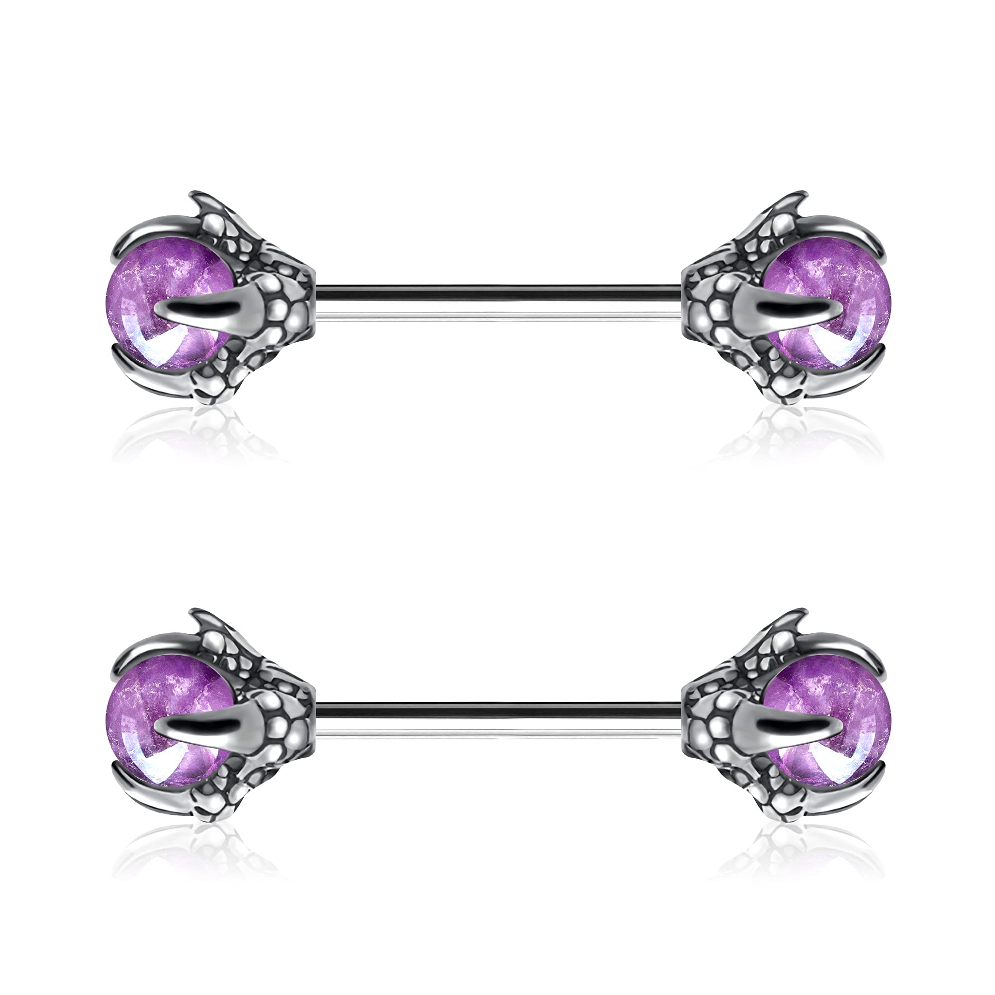 OUFER 14G Nipple Rings Dragon Claw with Natural Stone Nipple Piercing Jewelry 316L Stainless Steel Nipple For Women(Amethyst)