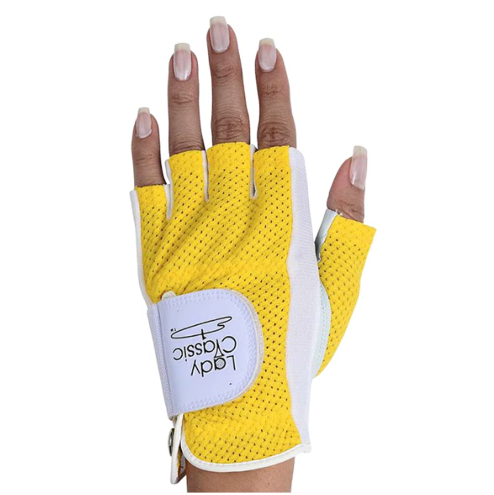 Lady Classic Cabretta Womens Solar Half 1/2 Finger Golf Glove - Left Hand, Yellow & White, Large