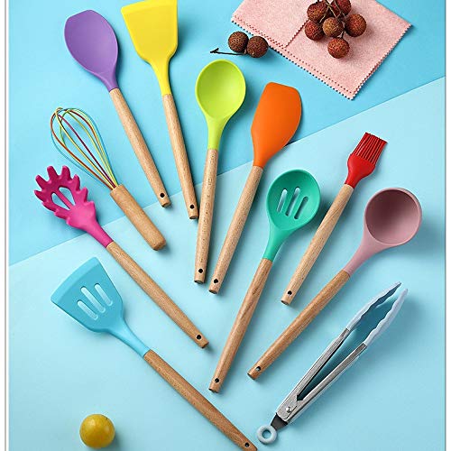 LMMDP 15 Piece Set of Cooking Green Silicone Kitchenware Shovel Spoon Kitchenware Tool Spoon Storage Bucket Set