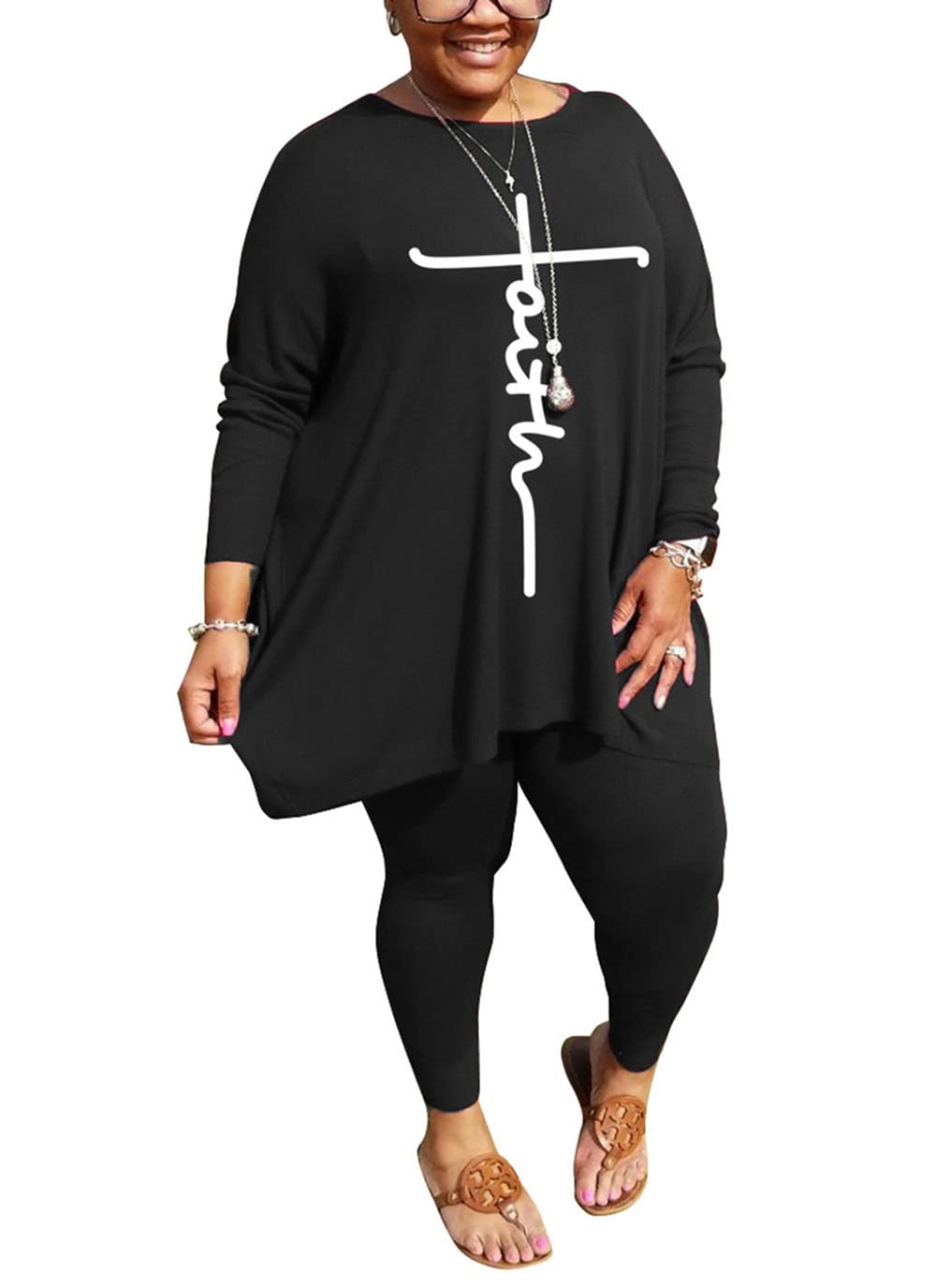 Nhicdns Plus Size 2 Piece Outfits for Women Tracksuit Long Sleeve Tops Bodycon Long Pants Set Casual Sweatsuit