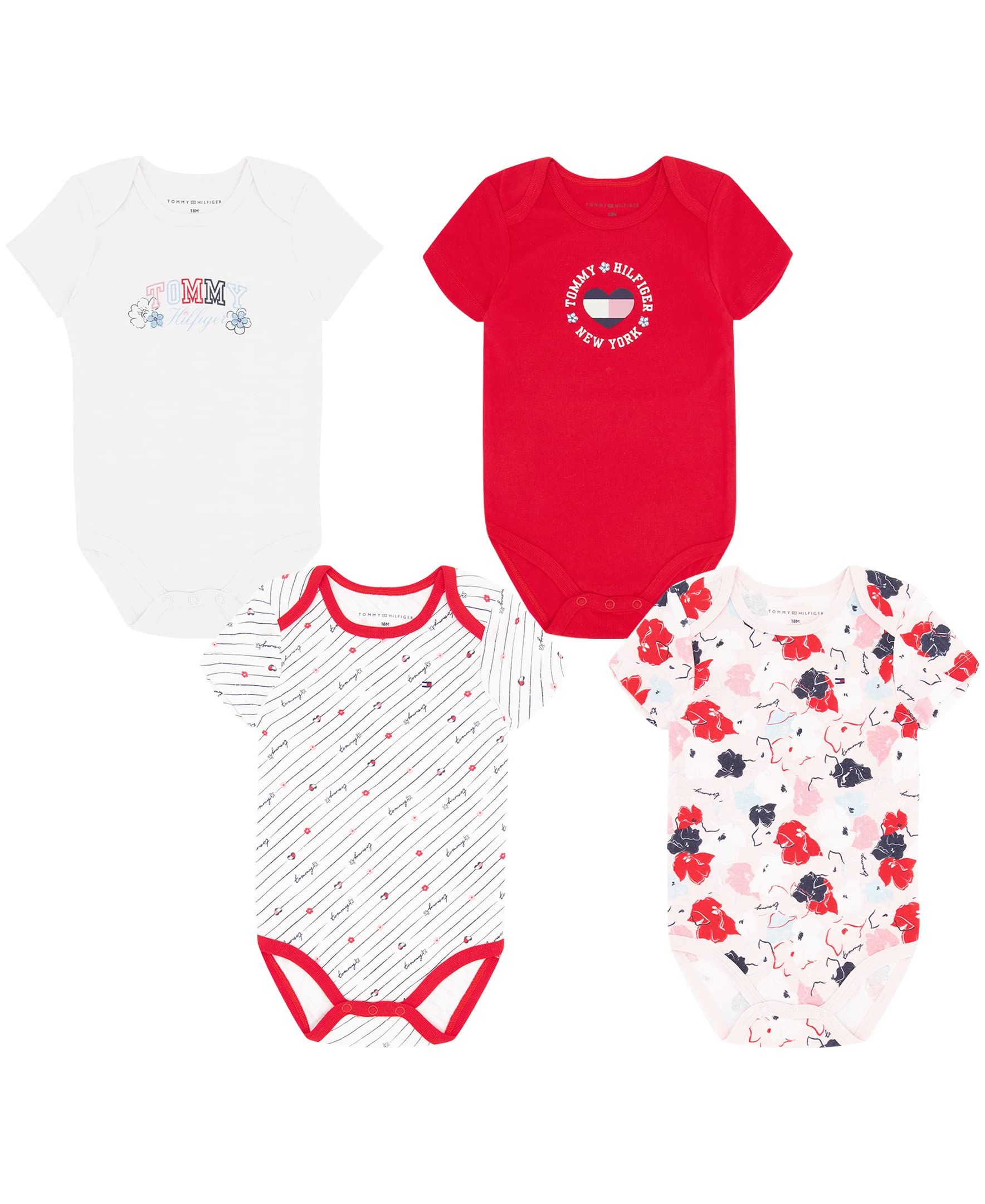 Tommy Hilfiger Baby Girls 4 Pieces Pack Bodysuit, Pale Ice/Tommy Red/Navy Blazer/Bright White, 3/6M US