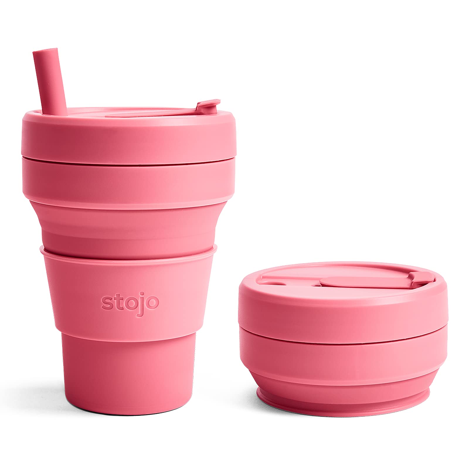 STOJO Jr Collapsible Travel Cup with Straw for Kids - Peony Pink, 8oz / 250ml - Leak-Proof Reusable To-Go Pocket Size Silicone Bottle for Hot & Cold Drinks - Camping & Hiking - Dishwasher Safe