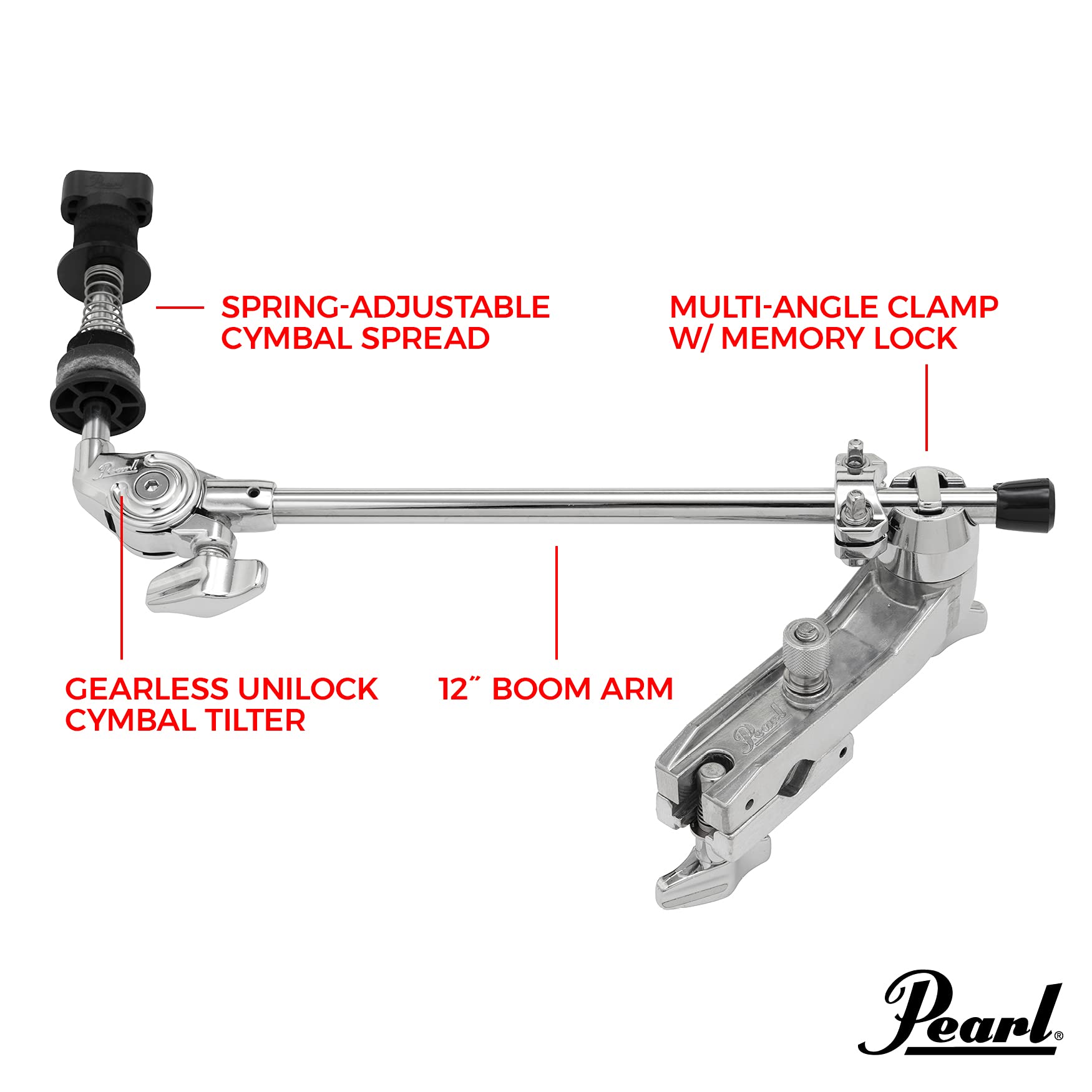 Pearl CLH70 Closed Hi-Hat Holder with 15" Solid Boom Arm, Multi-Angle Mounting Clamp, UniLock Gearless Cymbal Tilter, and Spring-Adjustable Cymbal Spread.
